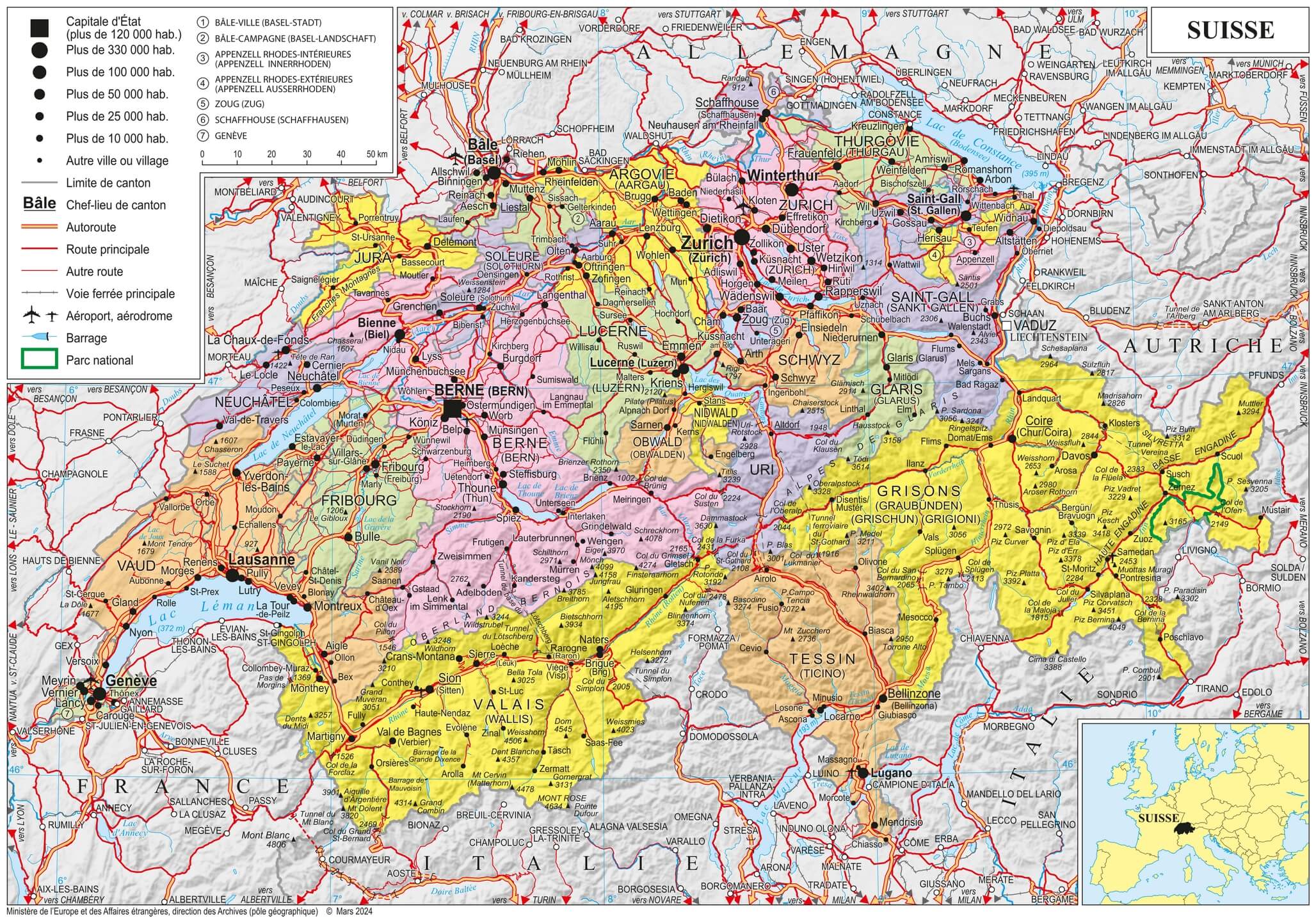 Grande carte de la Suisse avec les routes