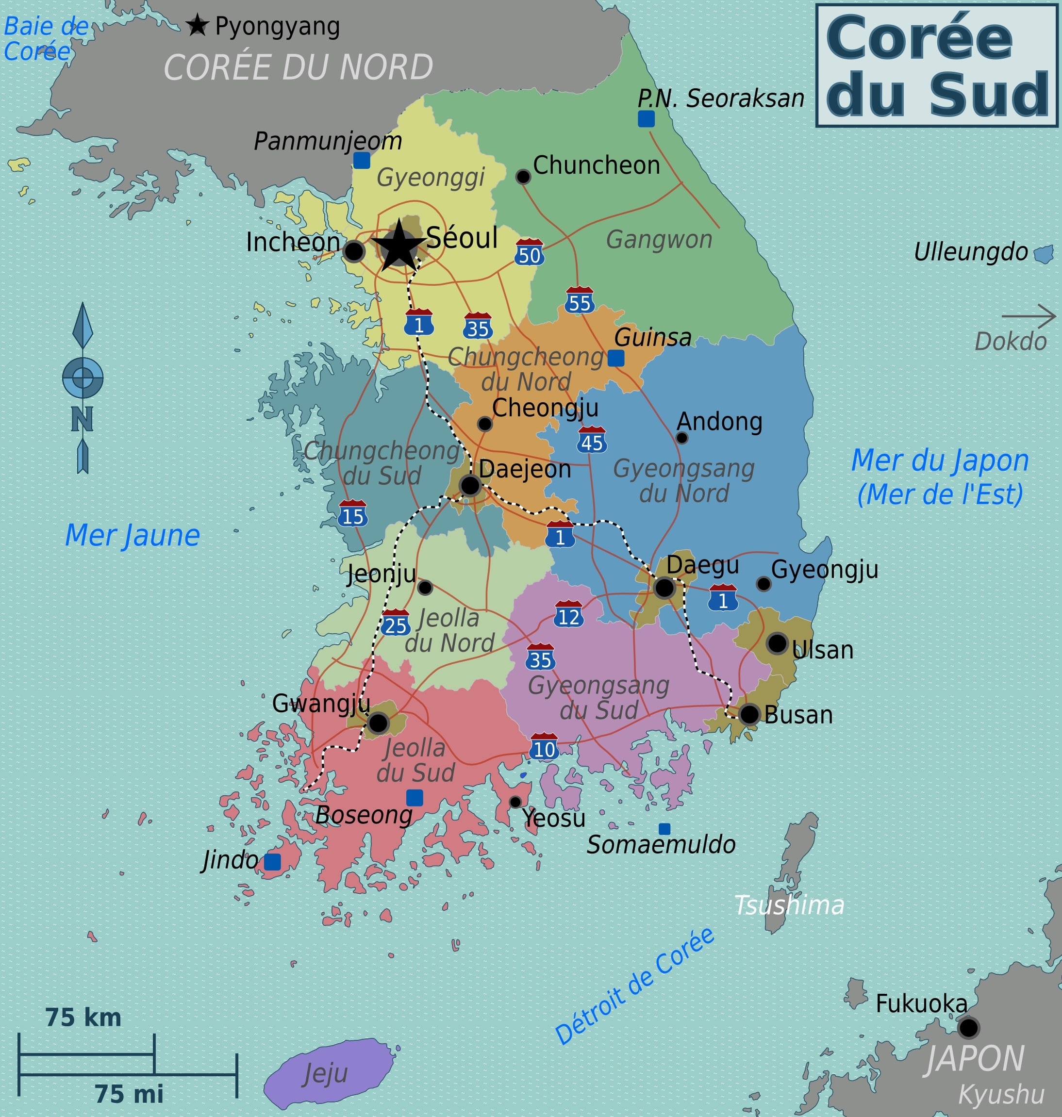 Carte de la Corée du Sud avec les villes