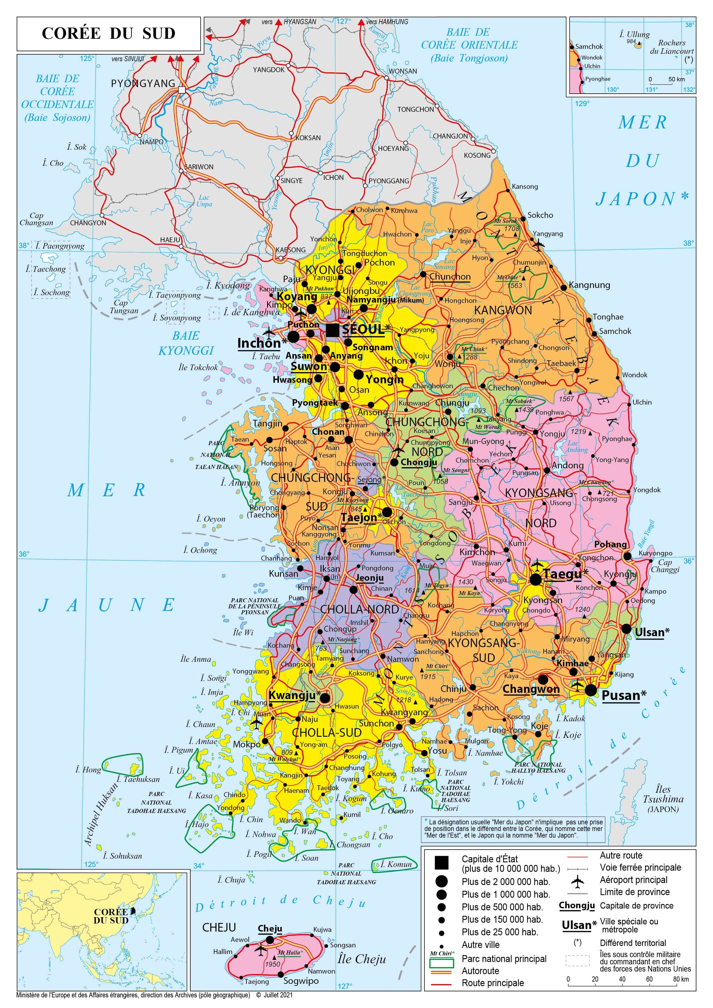 Carte de la Corée du Sud avec les routes
