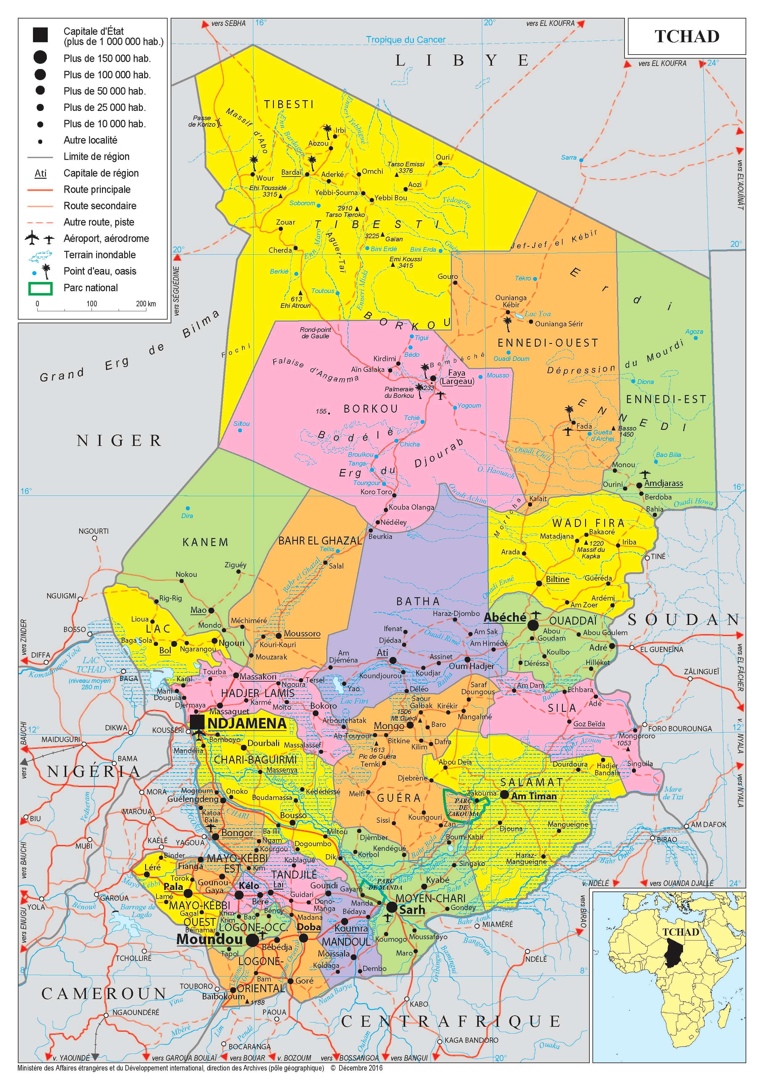 Carte des pays avec les villes : le Tchad