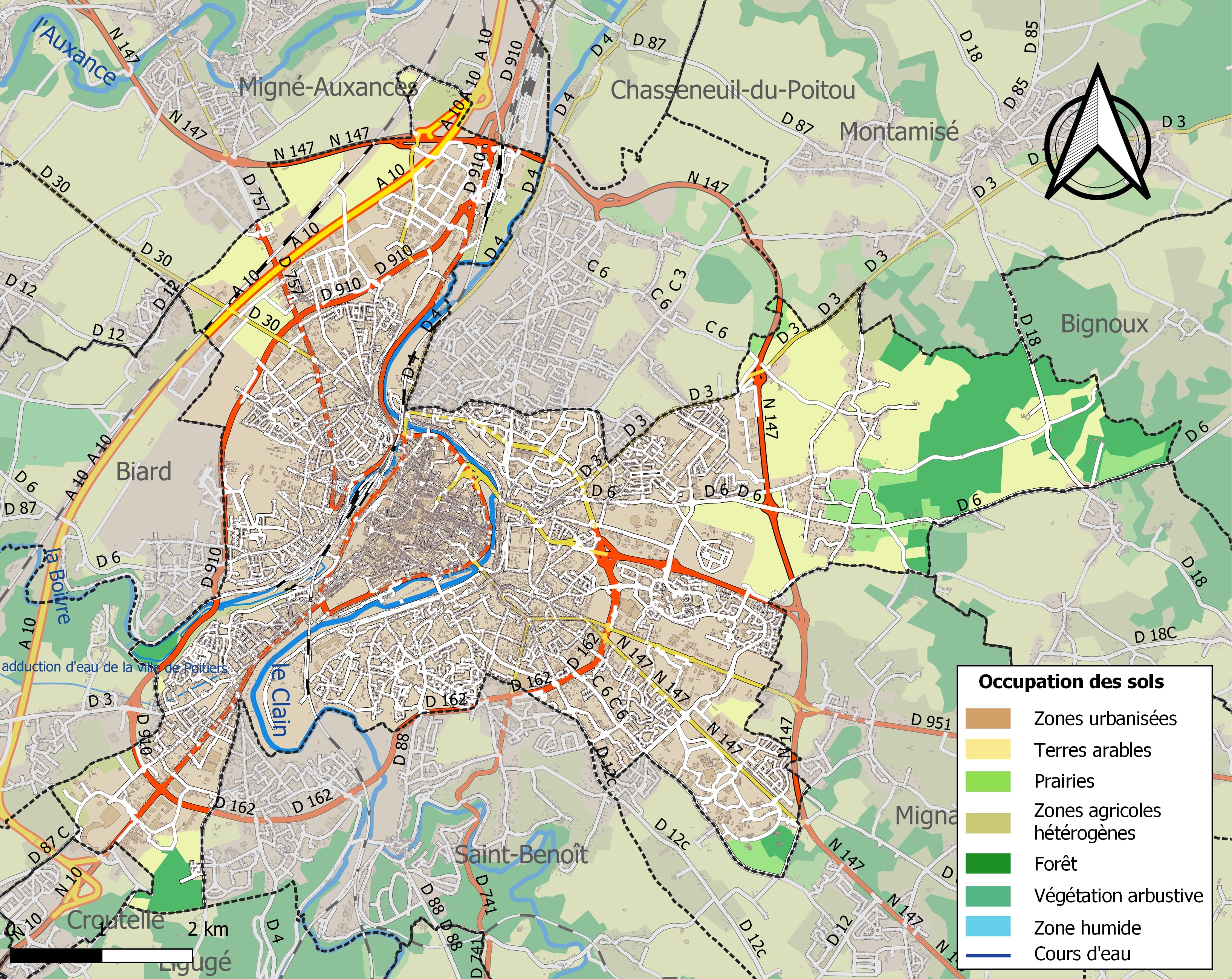 La France : Carte de Poitiers avec le nombre d'habitants